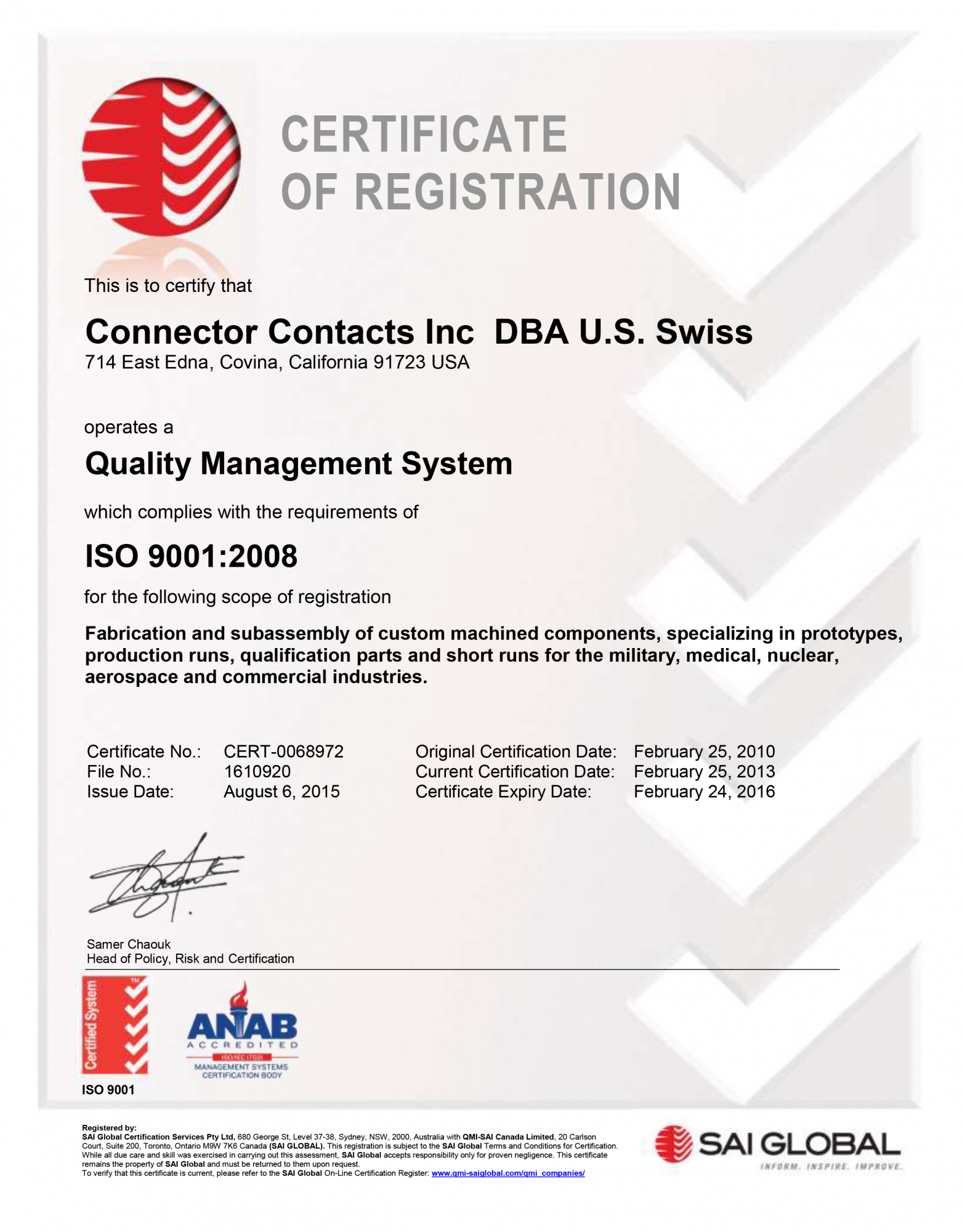 2015 Certificate Of Registration ANAB Accredited U S Swiss Inc 